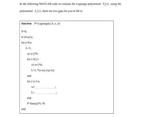 in the following matlab code to evaluate the lagrange