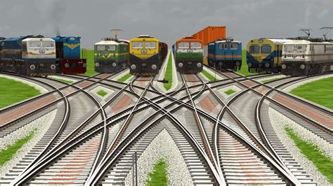 EIGHT TRAINS CROSSING AT CURVED BRANCHED 3D RAILROAD CROSSING TRACKS