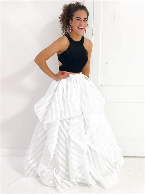 Two Piece Prom Dresses Halter A Line Long Black And White Prom Dress J Anna Promdress