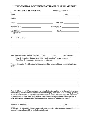 Fillable Online Mass Application For 10 Day Emergency Beaver Or Muskrat