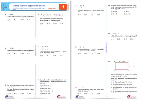6 Sınıf Cebirsel İfadenin Değerini Hesaplama Yaprak Test 1