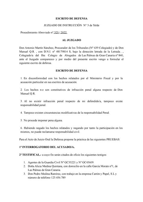 Escrito DE Defensa Practica Derecho Procesal Penal Para Practicar