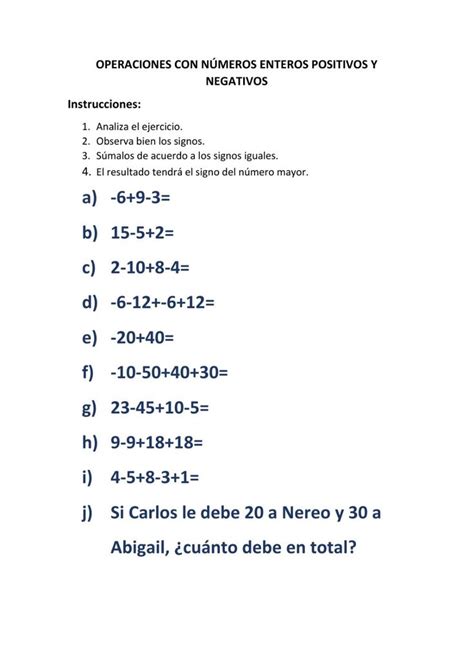 Ejercicio De Operaciones Con N Meros Positivos Y Negativos Math