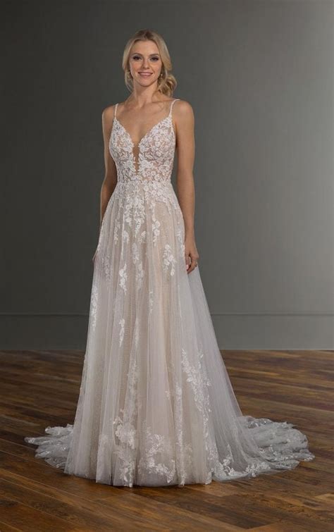 Spaghetti Strap V Neckline Embroidered Lace A Line Wedding Dress