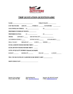 Fillable Online Trip Quotation Questionaire Nanaimo Dive Outfitters