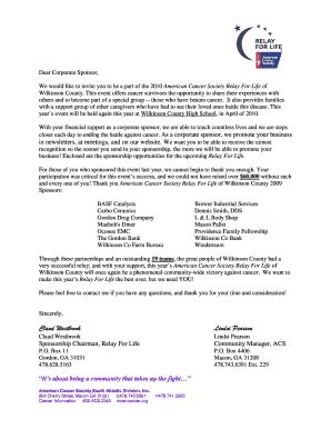 Fillable Online Relay Acsevents 2010 Wilco Corp Sponsor Letter Form