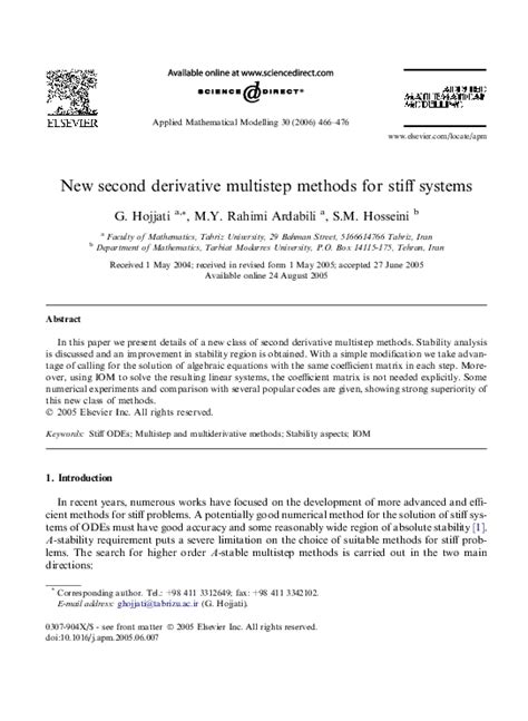 pdf new second derivative multistep methods for stiff systems seyed hossein hosseini