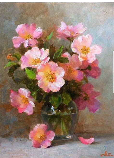 A Painting Of Pink Flowers In A Vase