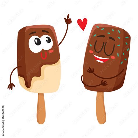 Two Funny Ice Cream Popsicle Characters Having Fun Together Cartoon
