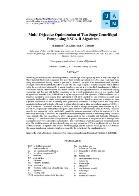 pdf multi objective optimization of two stage centrifugal pump using nsga ii algorithm rabah