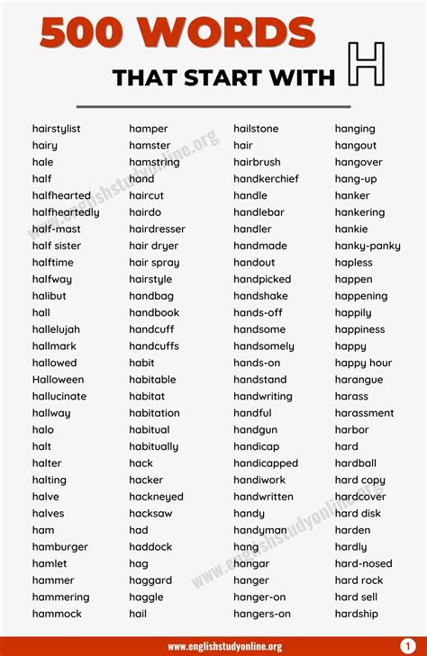1800 Words That Start With H Great List Of H Words English Study