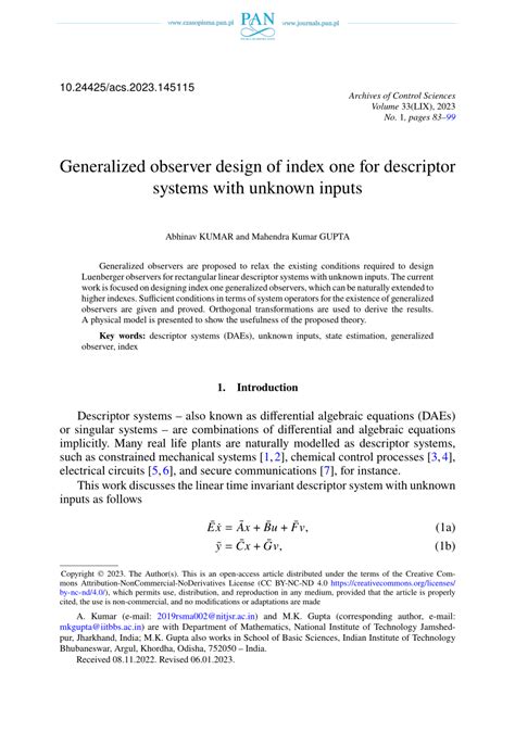 pdf generalized observer design of index one for descriptor systems with unknown inputs