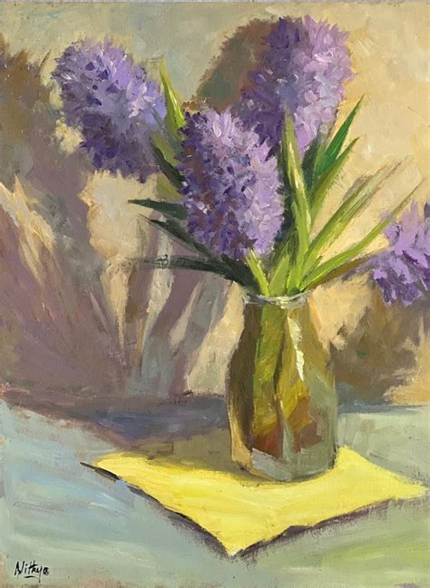 Large Vibrant Still Life Painting With Purple Hyacinths By Nithya