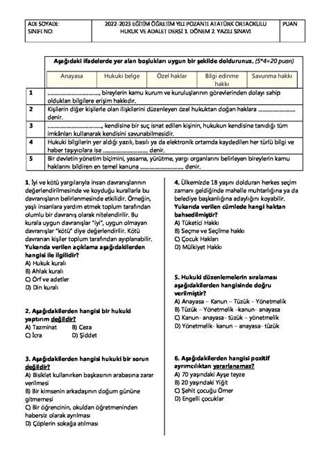 6 7 8 SINIF HUKUK VE ADALET 1 DÖNEM 2 YAZILI TEST PDF CEVAPLI