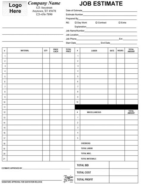 Construction Free Printable Estimate Forms It Also Protects The