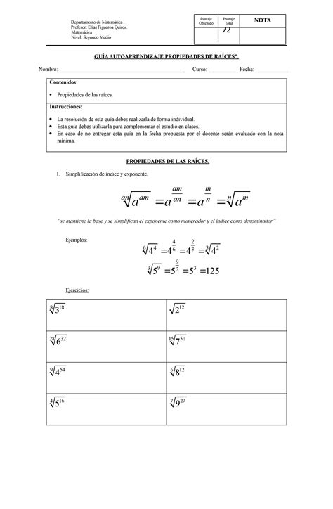 Guía Autoaprendizaje Propiedades de Raíces Puntaje Obtenido