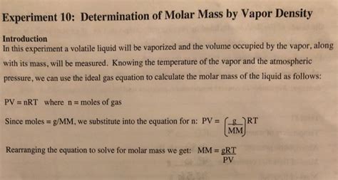 Solved Experiment 10 Determination Of Molar Mass By Vapor Chegg