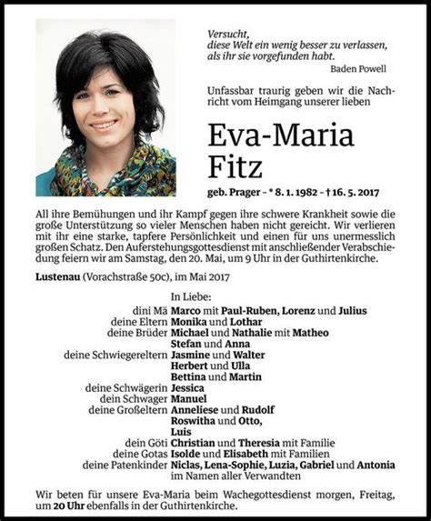 Todesanzeigen Von Eva Maria Fitz Todesanzeigen Vorarlberger Nachrichten