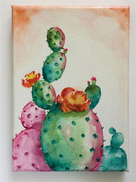 Original Artwork Watercolor On Canvas Blooming Cactus Arte De