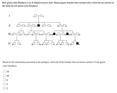 solved red green color blindness is an x linked recessive