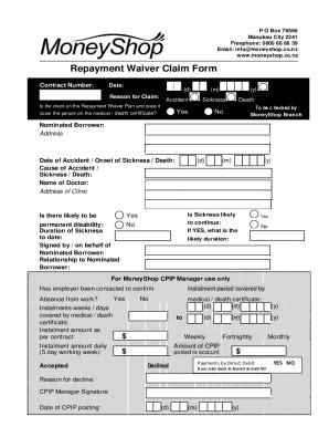 Fillable Online Repayment Waiver Claim Form MoneyShop Fax Email Print