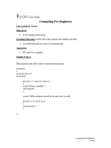 computing for engineers lab activity 6 arrays objectives pdf array data structure