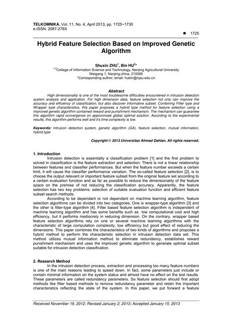 pdf hybrid feature selection based on improved ga for the intrusion detection system