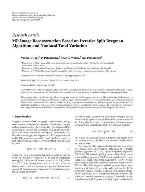 pdf mr image reconstruction based on iterative split bregman algorithm and nonlocal total