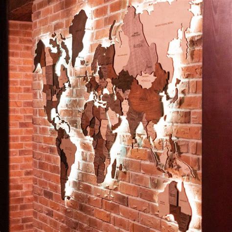 Déco murale 3D de carte du monde en bois avec éclairage LED RVB