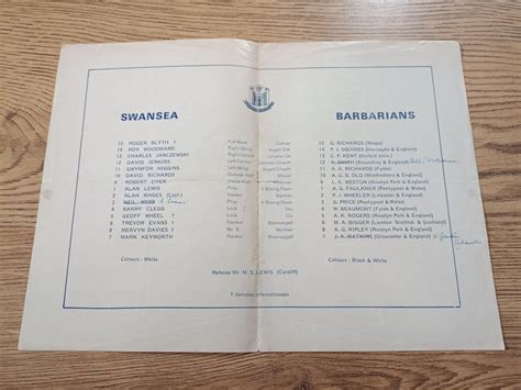 Swansea V Barbarians Mar 1975 Rugby Programme