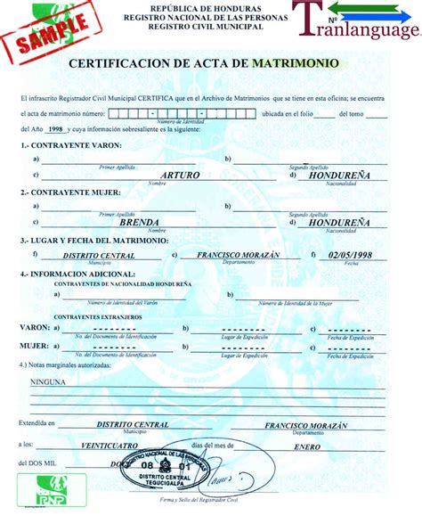 Marriage Certificate Honduras Tranlanguage Certified Translations