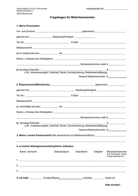 Fragebogen für Mietinteressenten Wohnungsbau G m b H
