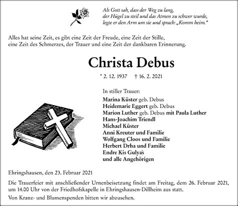 Traueranzeigen Von Christa Debus Vrm Trauer De