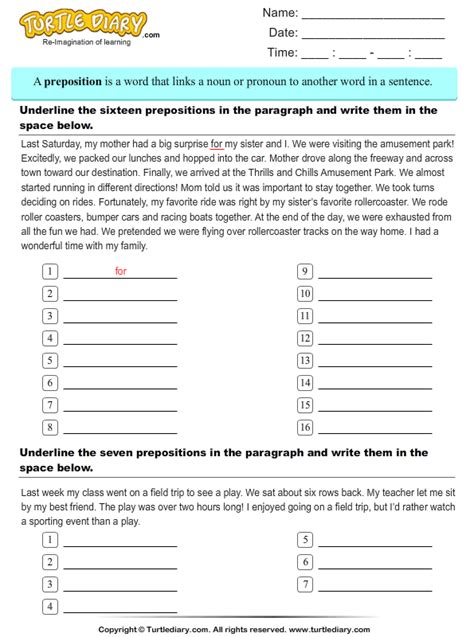 Underline Prepositions In The Paragraph And Write Them Worksheet