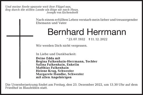 Traueranzeigen von Bernhard Herrmann Südwest Presse Trauer