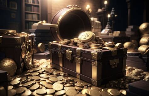 Cofre Del Tesoro Vintage Abierto Lleno De Monedas De Oro Stock De