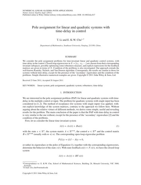 pdf pole assignment for linear and quadratic systems with time‐delay in control