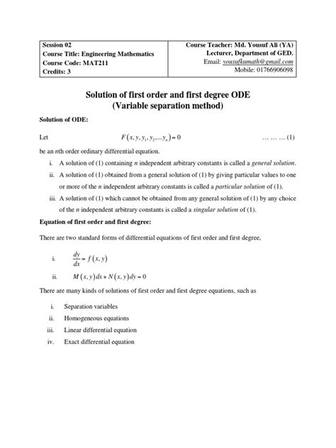 solution of first order and first degree ode variable separation method pdf ordinary