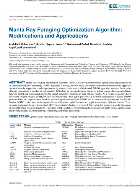 pdf manta ray foraging optimization algorithm modifications and applications