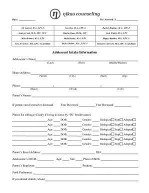 Fillable Online Adolescent Client Intake Form Portland Therapy