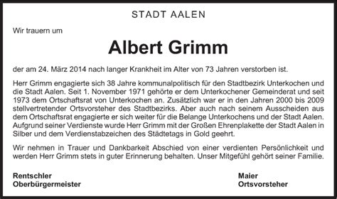Traueranzeigen Von Albert Grimm OstalbTrauer