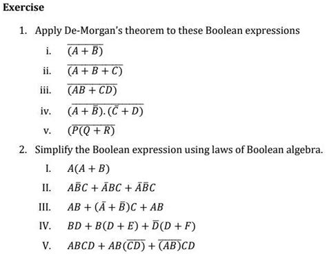 solved exercise 1 apply de morgan s theorem to these boolean expressions i a b ii a b