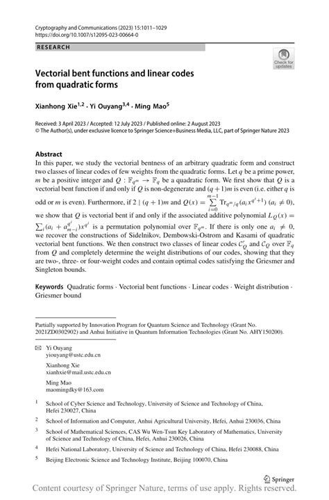vectorial bent functions and linear codes from quadratic forms request pdf