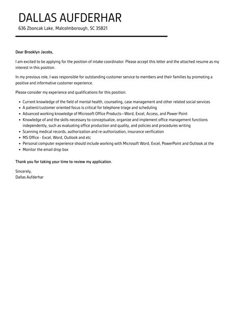 Intake Coordinator Cover Letter Velvet Jobs