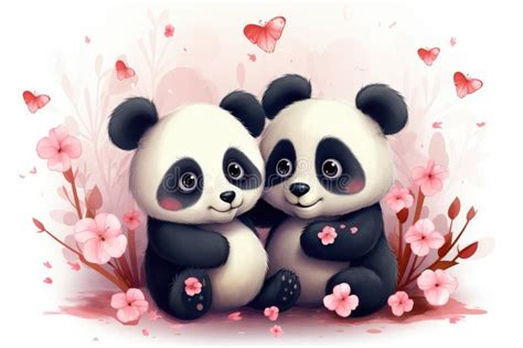 Two Adorable Cartoon Pandas Embracing In A Tender Hug With Hearts