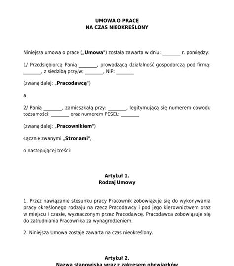 Umowa o pracę na czas nieokreślony wzór przykład