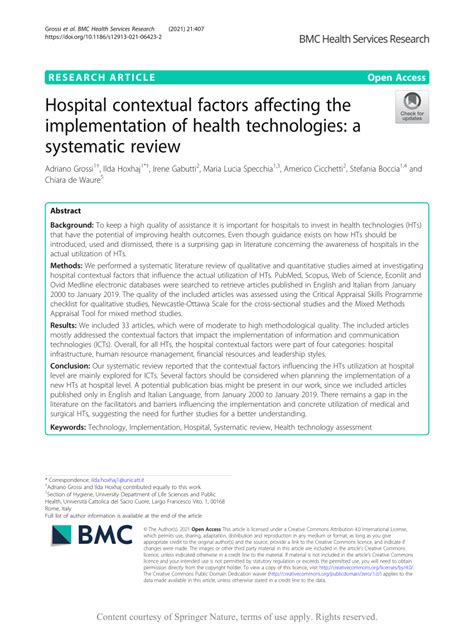 pdf hospital contextual factors affecting the implementation of health technologies a