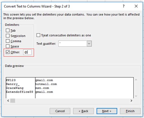 how to separate email addresses to username and domain in excel