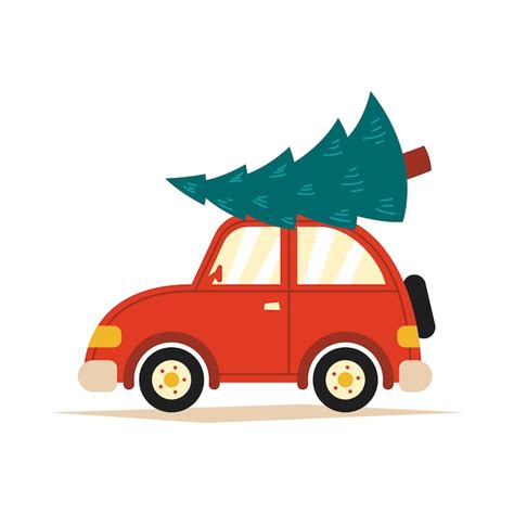 Premium Vector Illustration Of A Red Car With A Christmas Tree On The