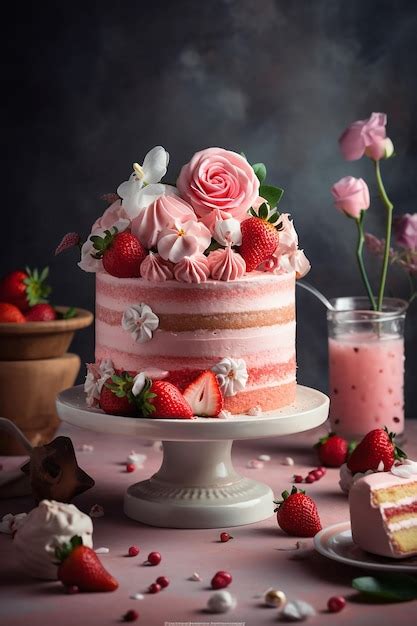 Premium Photo Naked Strawberry Shortcake Wedding Cake With Flowers